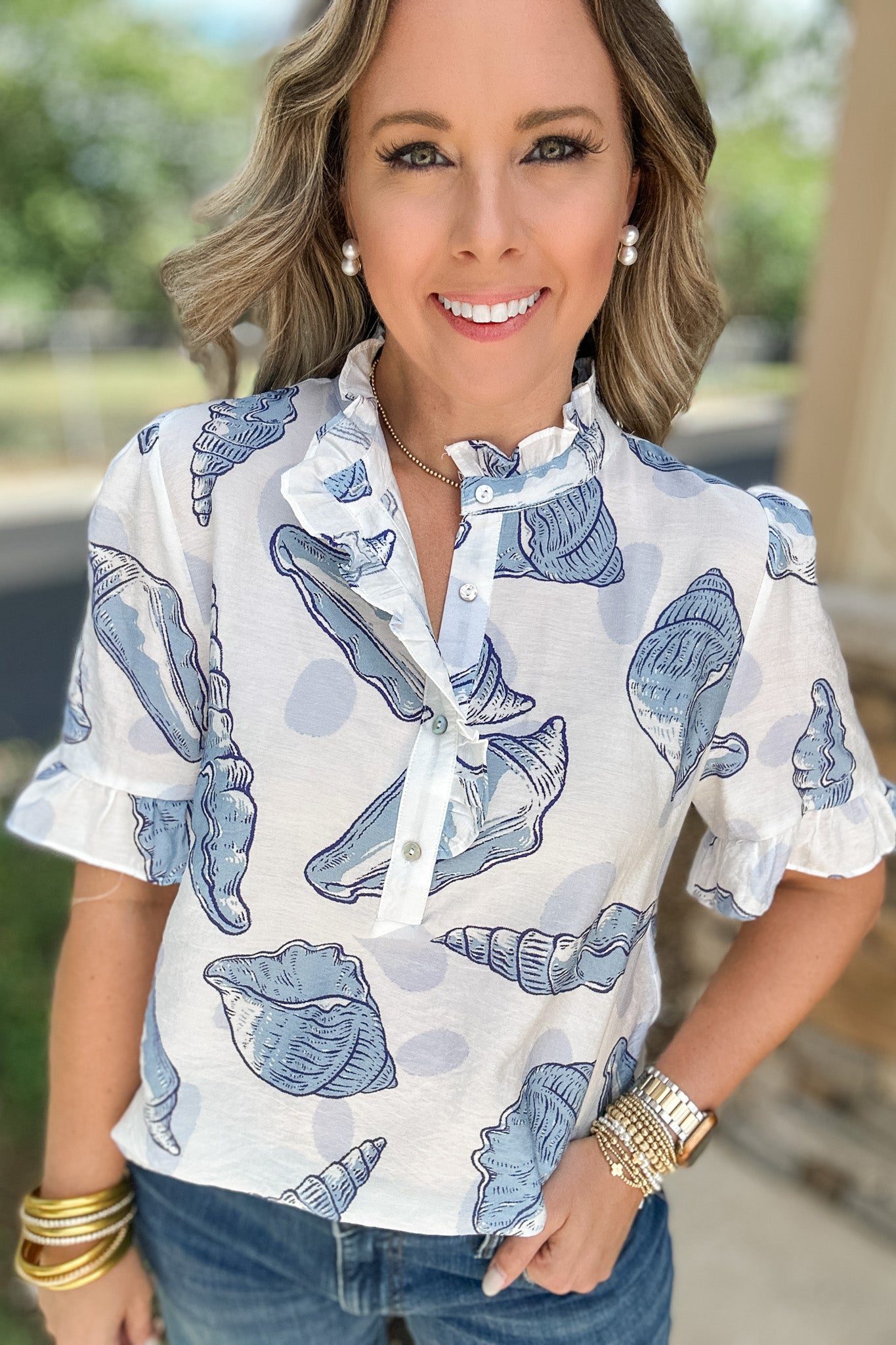 Sea Shell Ruffle Blouse – B Social Boutique
